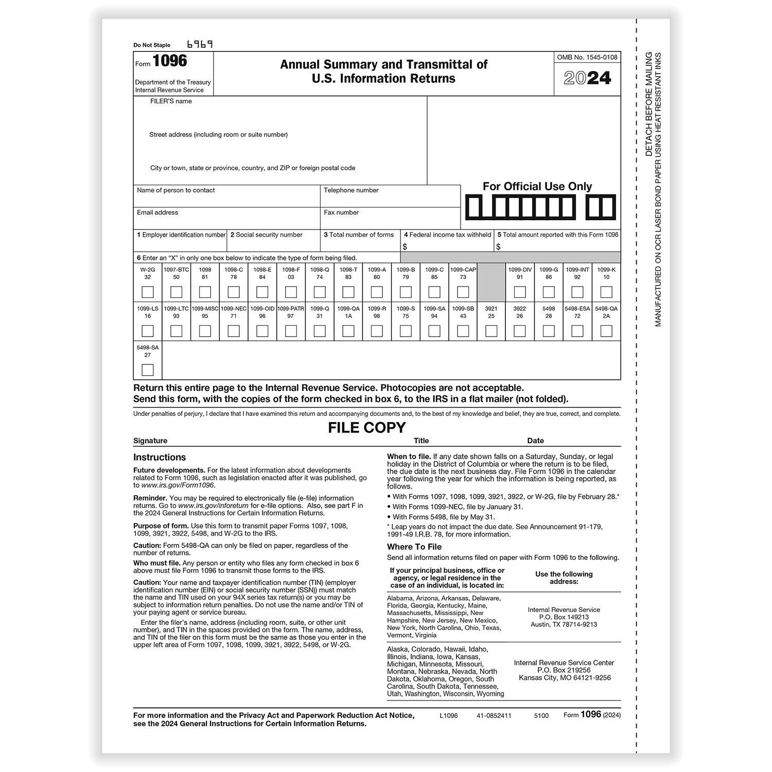 1096 Laser Transmittal | IRS Approved 1096 Tax Form | Formstax
