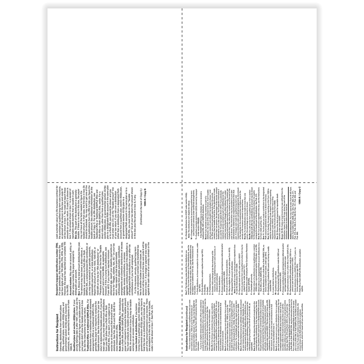 1099-R 4-Up Blank Box w/ Copy B and C Backer | Formstax