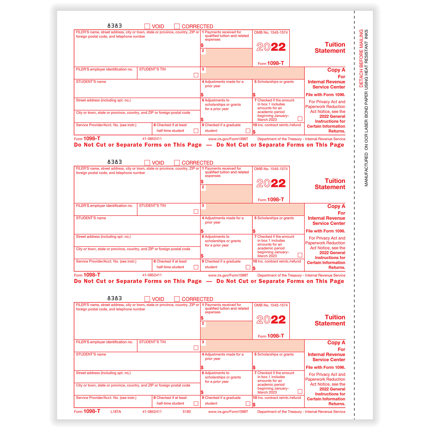 1098 T 3 Up Federal Copy A Formstax 1098 T 3 Up Federal Copy A Formstax