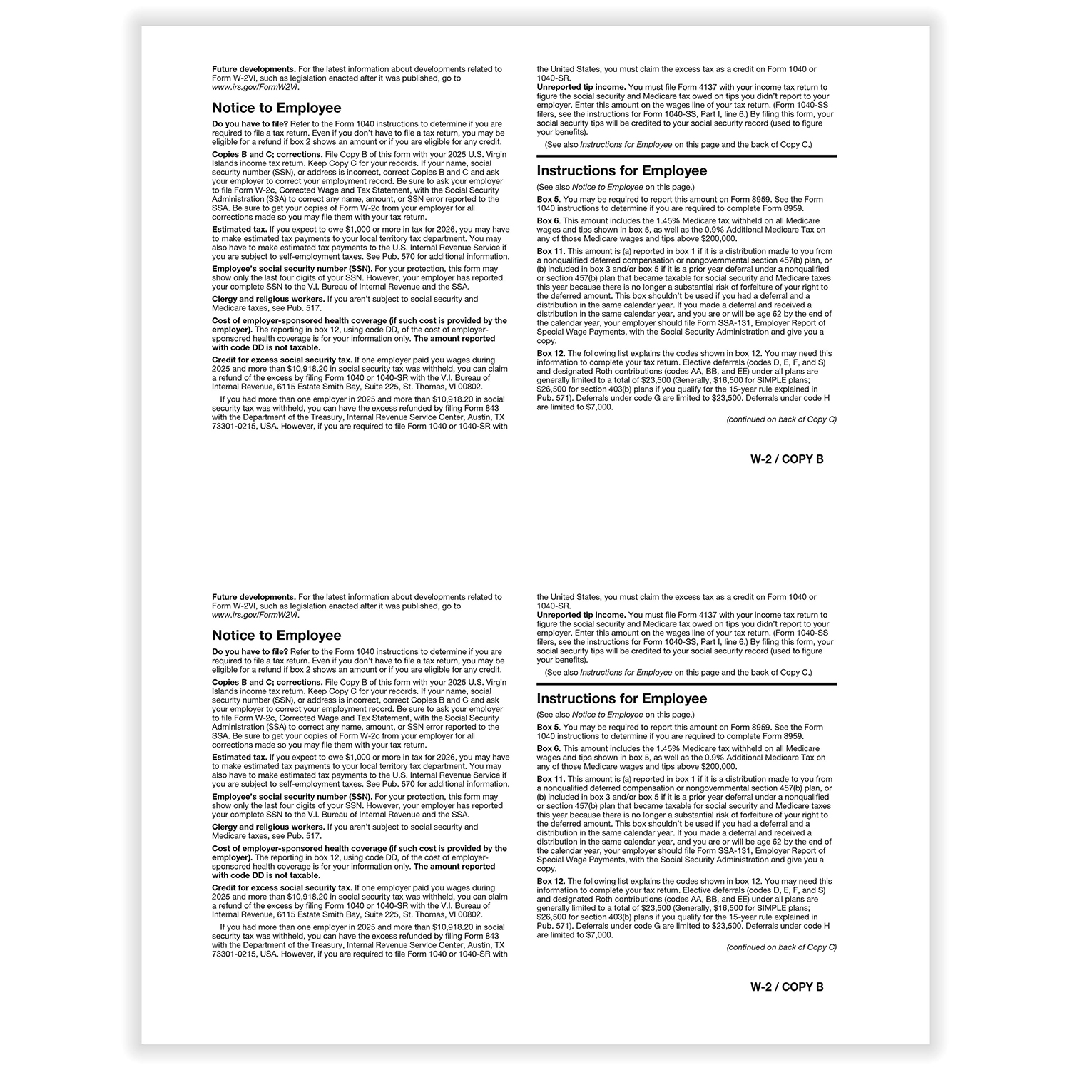 W-2VI 2-Up Recipient Copy B Pre-Printed | Formstax