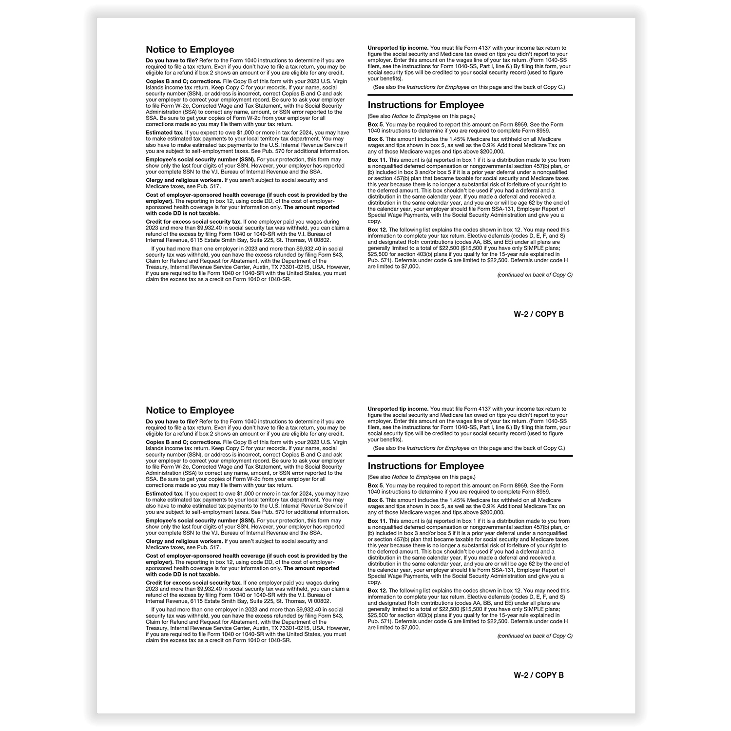 W-2VI 2-Up Recipient Copy B Pre-Printed | Formstax