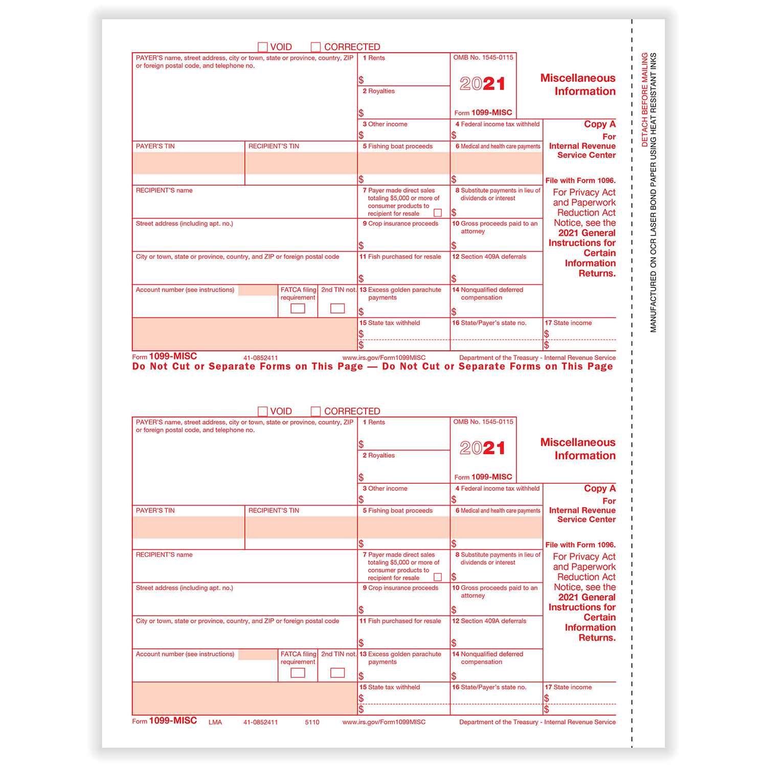 1099-Misc Laser Federal Copy A | Laser Tax Form | Formstax